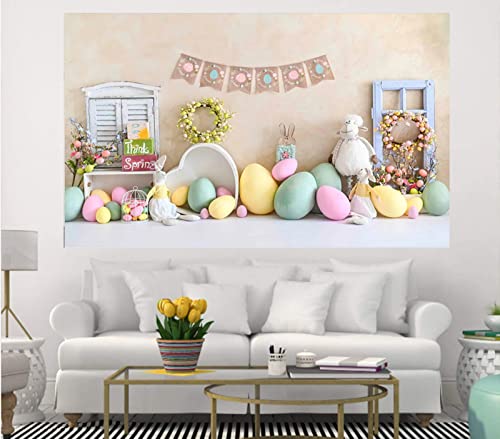 Spring Easter Wood Door Photography Background Flower Bunny Egg Kid Birthday Party Portrait Decor Backdrop Photo Studio Vinyl (5ft×3ft)