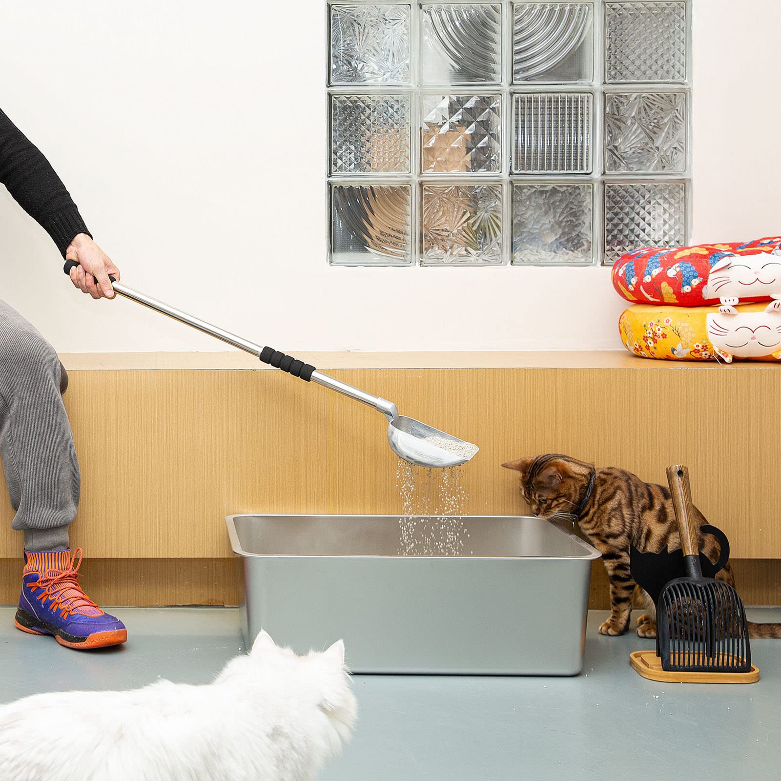 Yangbaga Metal Cat Litter Scoop with Deep Shovel&Long Handle,Detachable Stainless Steel Non-Stick Litter Sifter with Foam Padded Grip, No Bending Back Heavy Duty Cat Litter Scooper