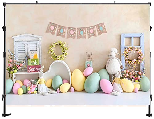 Spring Easter Wood Door Photography Background Flower Bunny Egg Kid Birthday Party Portrait Decor Backdrop Photo Studio Vinyl (5ft×3ft)