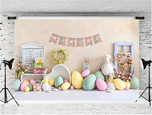 Spring Easter Wood Door Photography Background Flower Bunny Egg Kid Birthday Party Portrait Decor Backdrop Photo Studio Vinyl (5ft×3ft)
