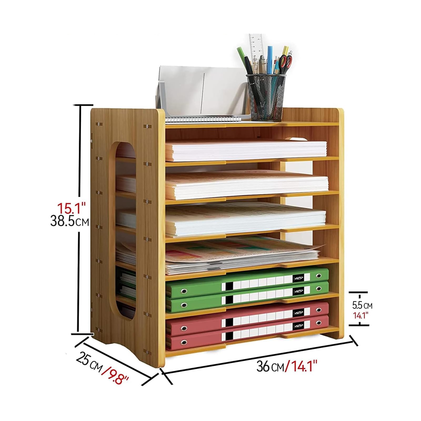 Catekro 7-Tier Desk Organizer, Wood Desktop Accessories, Complimentary Four rulers, Storage Box Office Supplies Organization, Large Capacity Decor File for Office, School and Home(Brown)