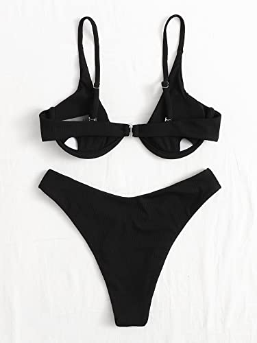 Verdusa Women's 2 Piece Triangle Bikini High Cut Bathing Suit Swimwear Black M