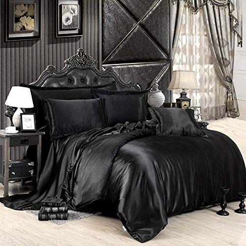 Ultra Soft Silk Like Satin 8 Piece Comforter Set ( Comforter + Duvet Cover + Flat Sheet + Fitted Sheet 15" Deep Pocket + 4 Pillow Cases ) Bedding Set Black , King