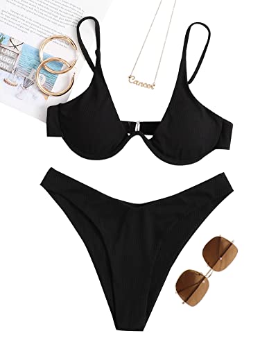 Verdusa Women's 2 Piece Triangle Bikini High Cut Bathing Suit Swimwear Black M