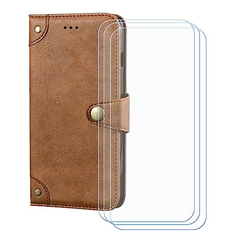 Wallet Case for Motorola ThinkPhone (6,6") + [3 Pack] Tempered Film Glass Screen Protector,YZKJSZ Flip PU Leather Case with Credit Card Slots and Stand Protective Cover - Brown