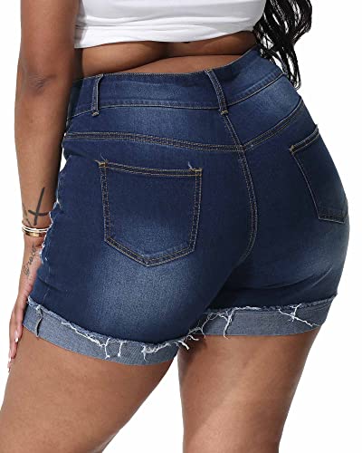 Rubugil Women's Plus Size Casual Denim Shorts High Waisted Stretchy American Flag Patched Folded Hem Jean Shorts Dark Blue 16W