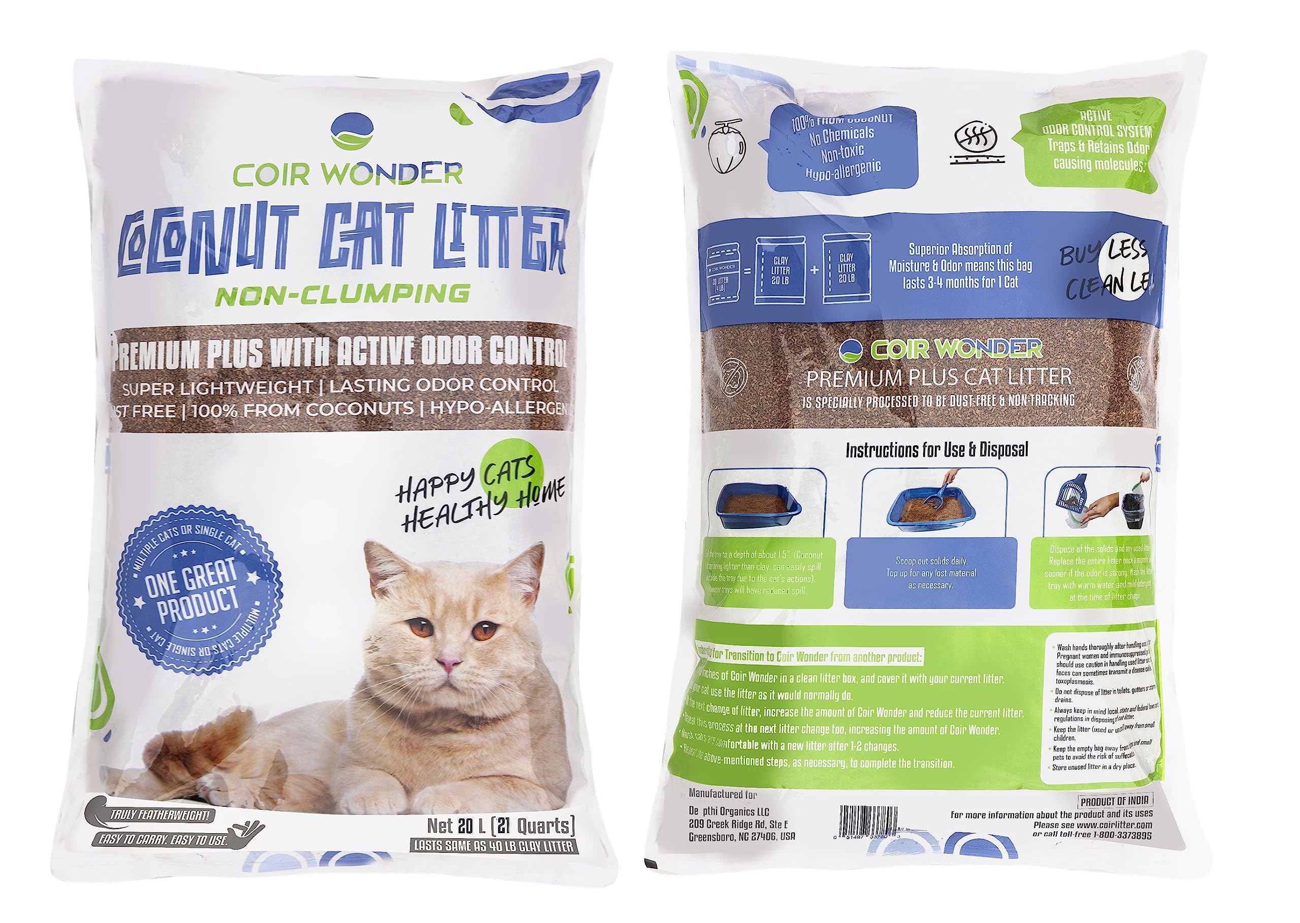 Coir Wonder Coconut Cat Litter – Natural, Non-Clumping Kitty Litter - Ultra Lightweight Bag Lasts Same As 40 Lb Clay – with Activated Charcoal Odor Control – Bedding for Chicken Coop and Small Pets