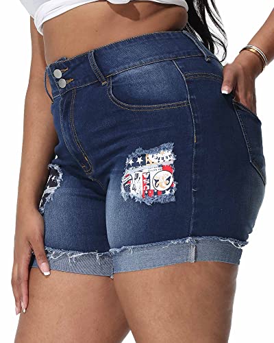 Rubugil Women's Plus Size Casual Denim Shorts High Waisted Stretchy American Flag Patched Folded Hem Jean Shorts Dark Blue 16W