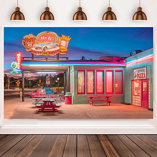 KIKIDOR 9x6ft Retro Restaurant Backdrop Route 66 Convenience Store Street Neon lights Photography Background Nostalgic 50s Vintage Car Party Decor Banner Portrait Shoot Props Studio Supplies BJOKKI048