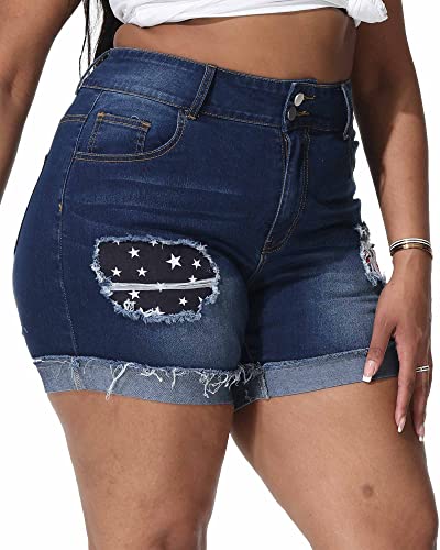 Rubugil Women's Plus Size Casual Denim Shorts High Waisted Stretchy American Flag Patched Folded Hem Jean Shorts Dark Blue 16W