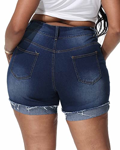 Rubugil Women's Plus Size Casual Denim Shorts High Waisted Stretchy American Flag Patched Folded Hem Jean Shorts Dark Blue 16W
