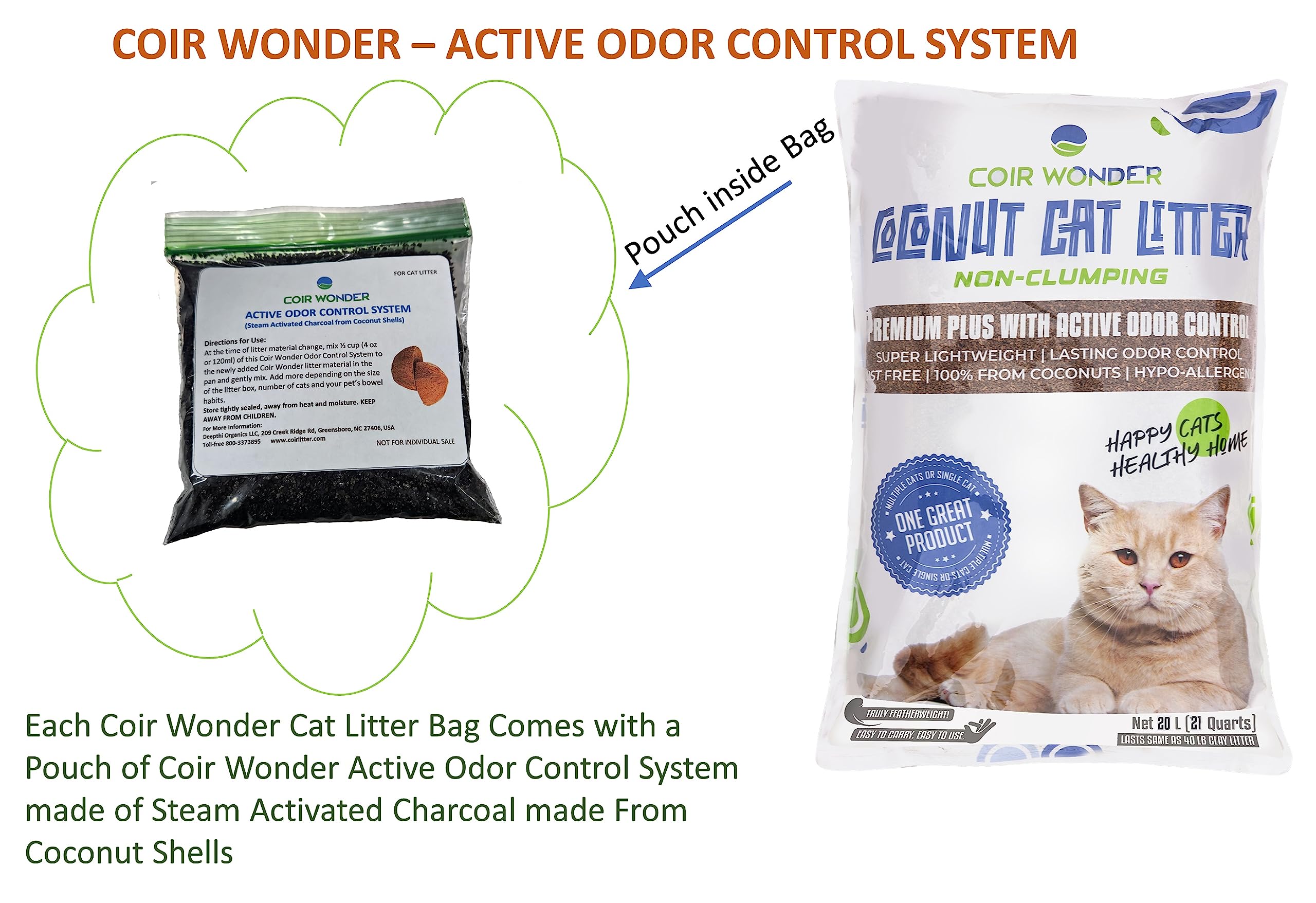 Coir Wonder Coconut Cat Litter – Natural, Non-Clumping Kitty Litter - Ultra Lightweight Bag Lasts Same As 40 Lb Clay – with Activated Charcoal Odor Control – Bedding for Chicken Coop and Small Pets
