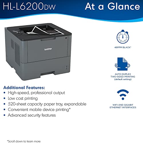 Brother HL-L6200DW Wireless Monochrome Single-Function Laser Printer - Print only - 48 ppm, 1200 x 1200 dpi, Auto Duplex Printing, 8.5" x 14", 256MB Memory, 520 Sheet, Ethernet