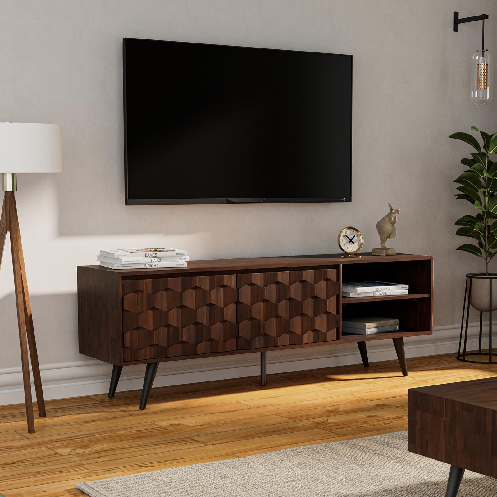 Bme Georgina 65 Inch Solid Wood TV Stand, Under 10 Minutes Assembly Entertainment Center with Storage, Geometric Pattern TV Console for Living Room, Bedroom, Dinning Room - Walnut