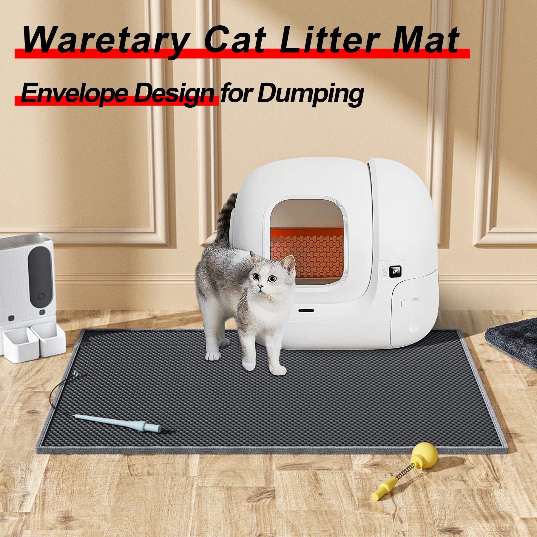 Waretary Cat Litter Mat, 30" X 24" Litter Trapping Mat, Double Layer Honeycomb Litter Box Mat, Urine & Waterproof Kitty Litter Mat, Scatter Control Easy Clean (Gray)