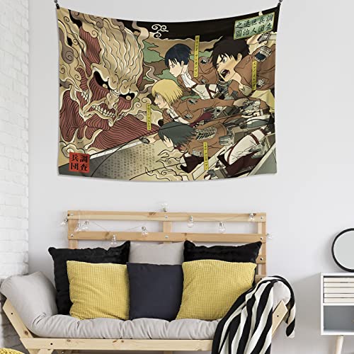 DigiTizerArt Japanese Ukiyoe Style Tapestry Wall Hanging, Japanese Samurai Ghost Yorimitsu And 4 Samurai Exterminated Monsters On Oe Mountainā Style Tapestries for Bedroom Home Decor Multi Color (JapaneseStyle-E)