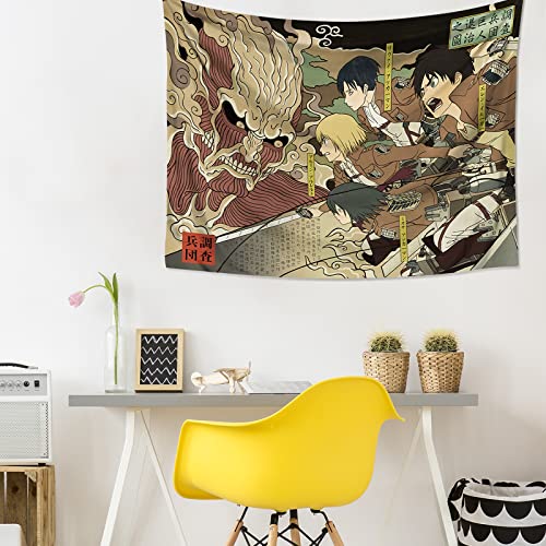 DigiTizerArt Japanese Ukiyoe Style Tapestry Wall Hanging, Japanese Samurai Ghost Yorimitsu And 4 Samurai Exterminated Monsters On Oe Mountainā Style Tapestries for Bedroom Home Decor Multi Color (JapaneseStyle-E)