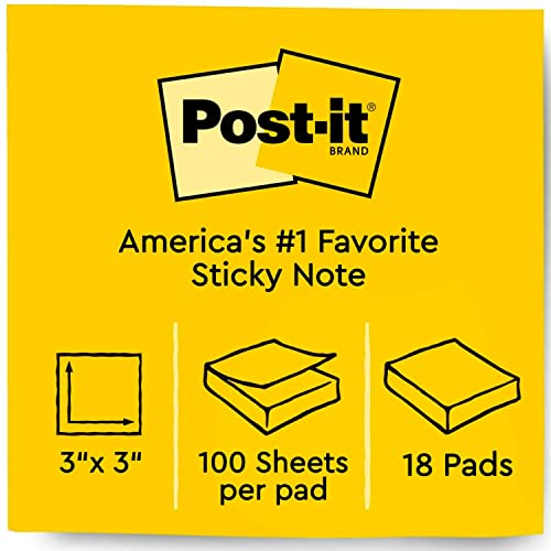 Post-it Notes, 3x3 in, 18 Pads, America's #1 Favorite Sticky Notes, Poptimistic Collection, Bright Colors (Magenta, Pink, Blue, Green), Clean Removal, Recyclable (654-18CTCP)