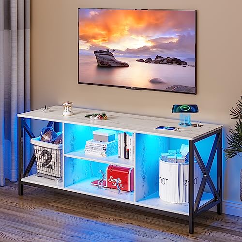 FOMNEY LED TV Stand with Auto LED Lights, Entertainment Center with Wireless/USB/Type-C Charging Station, Television Stands for 65+ Inch TV, TV Cabinet with Adjustable Legs for Living Room(White)