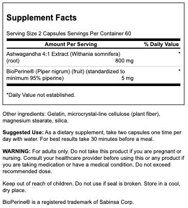 Swanson High Absorption Ashwagandha & Black Pepper - Featuring Bioperine 120 Caps