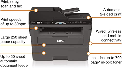 Brother MFC-L2710DW Wireless Compact Monochrome All-in-One Laser Printer, Auto 2-Sided Printing, 32ppm, 250-sheet, 2400 x 600 dpi, Works with Alexa, Black & Grey - Bundle with JAWFOAL Printer Cable.