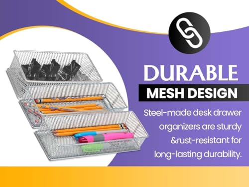 YBM HOME Silver Mesh Drawer Cabinet and or Shelf Organizer Bins, School Supply Holder Office Desktop Organizer Basket (2, 3x15x2 Inch)