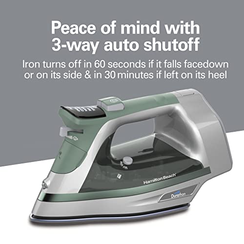 Hamilton Beach Steam Iron & Vertical Steamer for Clothes with Scratch-Resistant Durathon Soleplate, Digital Fabric Selector + 8’ Retractable Cord, 3-Way Auto Shutoff, Anti-Drip, 1800 Watts, Green