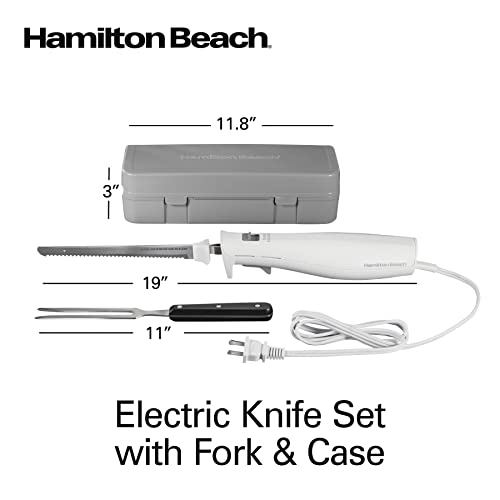 Hamilton Beach Electric Knife for Carving Meats, Poultry, Bread, Crafting Foam & More, with Reciprocating Serrated Stainless Steel Blades, Ergonomic Design, Storage Case & Fork Included, White