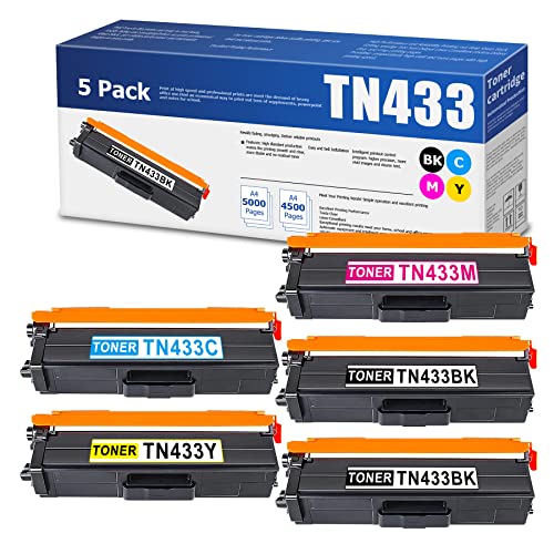 RUYY (2BK+1C+1M+1Y, 5PK) TN-433 TN433 TN433BK TN433C TN433M TN433Y Toner Cartridge High Yield Replacement for Brother HL-L8260CDW L9310CDWT DCP-L8410CDW MFC-L8610CDW L9570CDWT Toner Printer