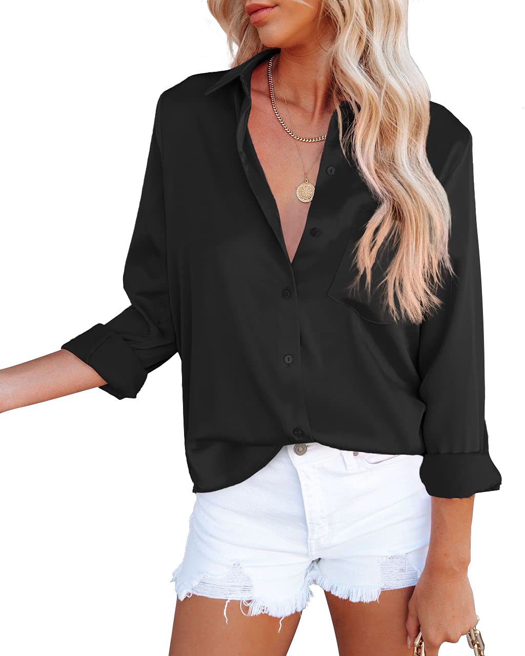 OMSJ Women's Button Down Shirts Satin V Neck Long Sleeve Casual Work Blouse Tops with Pocket (1173M, Black)
