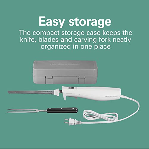 Hamilton Beach Electric Knife for Carving Meats, Poultry, Bread, Crafting Foam & More, with Reciprocating Serrated Stainless Steel Blades, Ergonomic Design, Storage Case & Fork Included, White