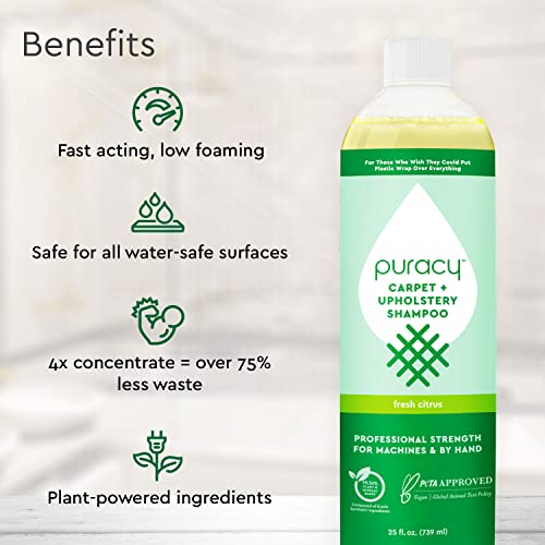 Puracy Professional Carpet Cleaner Machine Detergent, 4x Concentrated Upholstery Cleaner, Natural Carpet Shampoo, Pet Stain Remover & Deodorizer, Makes 20 Gallons of Cleaning Solution, 25 Ounce
