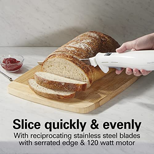 Hamilton Beach Electric Knife for Carving Meats, Poultry, Bread, Crafting Foam & More, with Reciprocating Serrated Stainless Steel Blades, Ergonomic Design, Storage Case & Fork Included, White