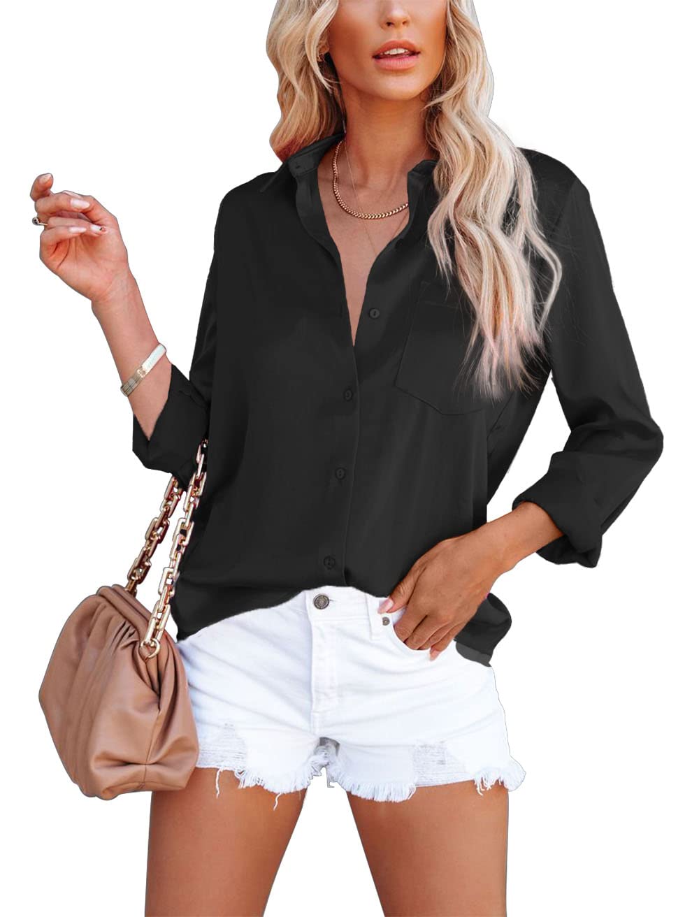 OMSJ Women's Button Down Shirts Satin V Neck Long Sleeve Casual Work Blouse Tops with Pocket (1173M, Black)