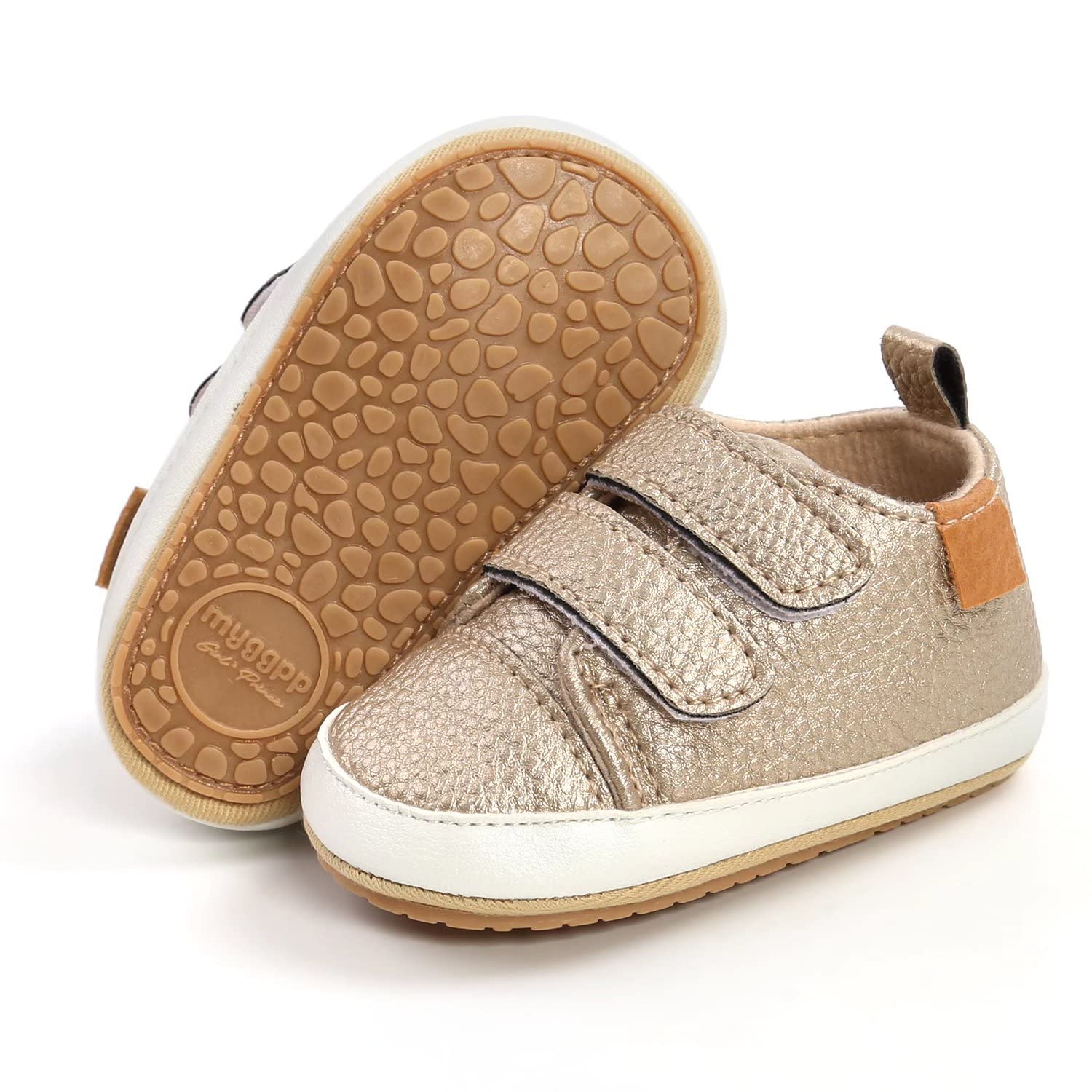 BABSMULY Baby Boys Girls Shoes Non-Slip Rubber Sole High-Top PU Leather Sneakers Infant First Walking Shoes Toddler Crib Shoes Newborn Loafers Flats.(Gold, 6-12 Months)