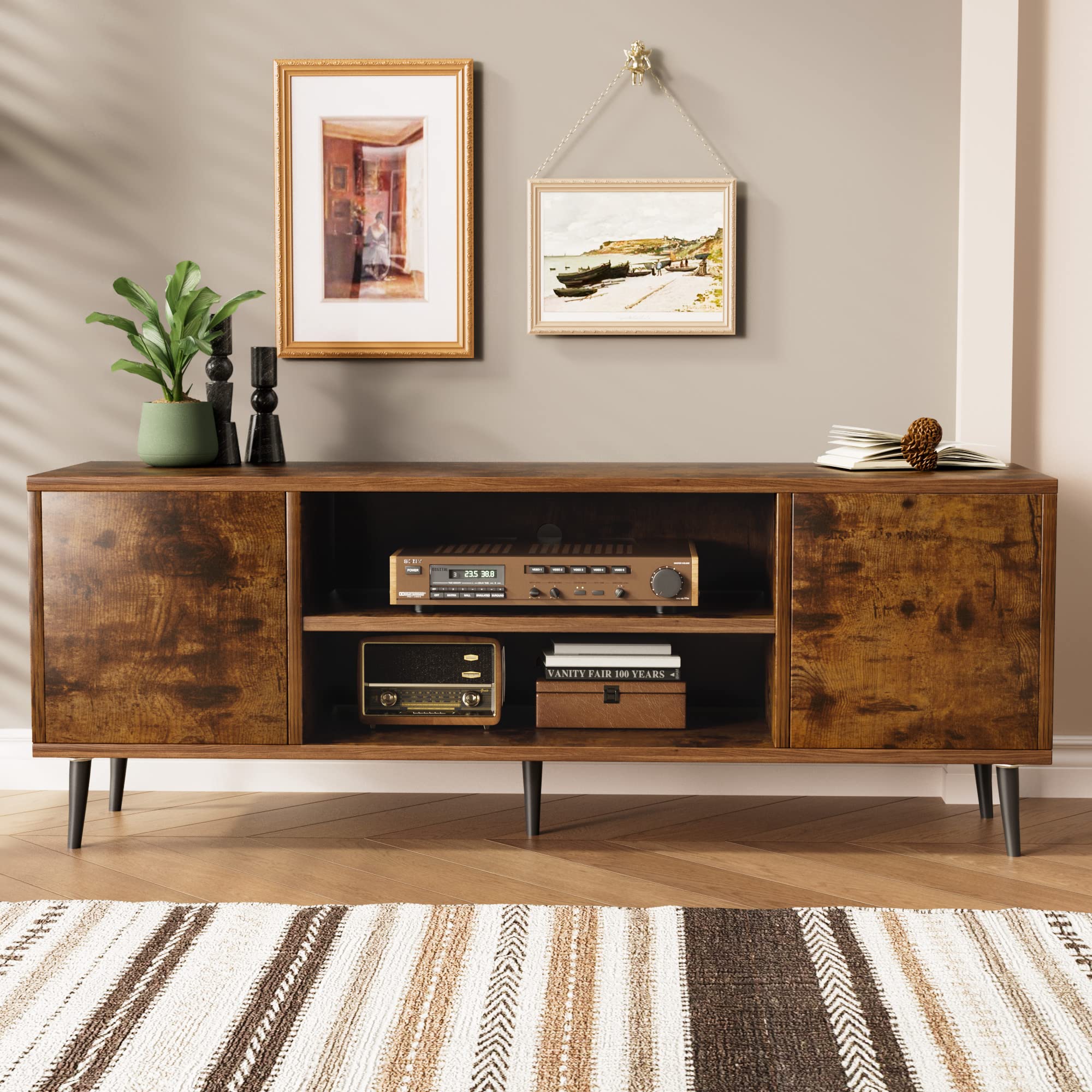 JUMMICO TV Stand for 65 Inch TV, Modern Entertainment Center with Storage Cabinet and Open Shelves, TV Console Table Media Cabinet for Living Room, Bedroom and Office (Rustic Brown)