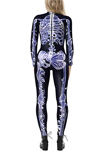Selowin Womans Skull Pattern Halloween Costume Party Skeleton Slim Catsuit Bodysuit Light Purple S