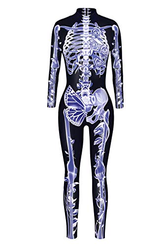 Selowin Womans Skull Pattern Halloween Costume Party Skeleton Slim Catsuit Bodysuit Light Purple S