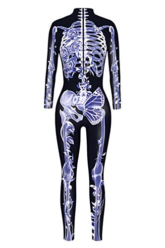 Selowin Womans Skull Pattern Halloween Costume Party Skeleton Slim Catsuit Bodysuit Light Purple S