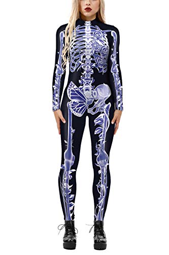 Selowin Womans Skull Pattern Halloween Costume Party Skeleton Slim Catsuit Bodysuit Light Purple S