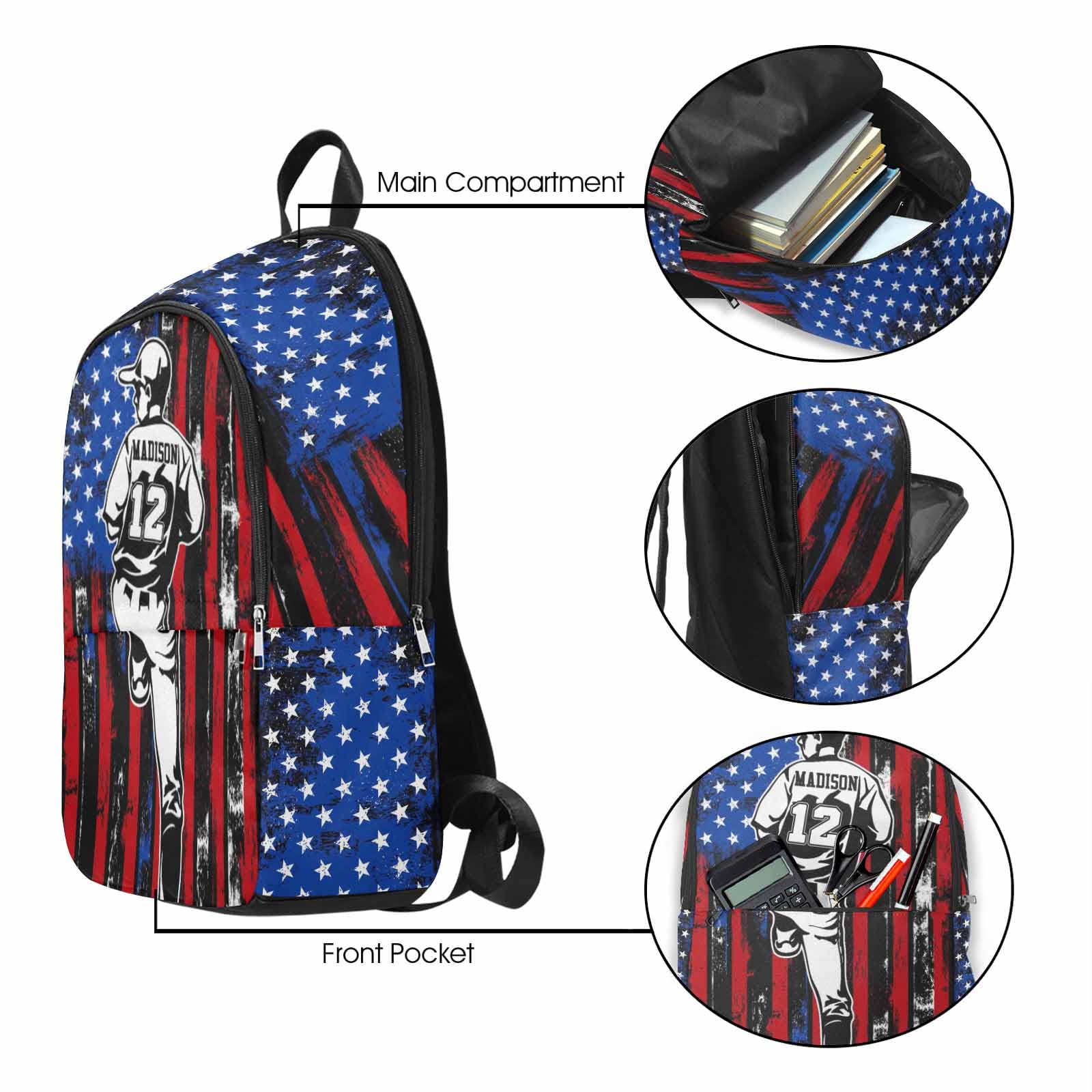 Custom Name Kid's Backpack Watercolor US Flag Pattern Baseball Player Personalized School Bookbag with Your Own Name Customization Casual Bookbags for Student Girls Boys on Birthday School Season