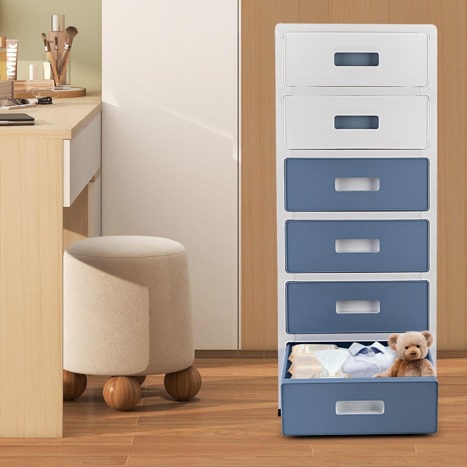 KONGKUNI 6 Drawer Rolling Storage Cart with Wheels, Stackable Drawer Storage Organizer, Multifunctional Utility Cart Plastic Storage Trolley,Organize Files Supplies for School Office Home