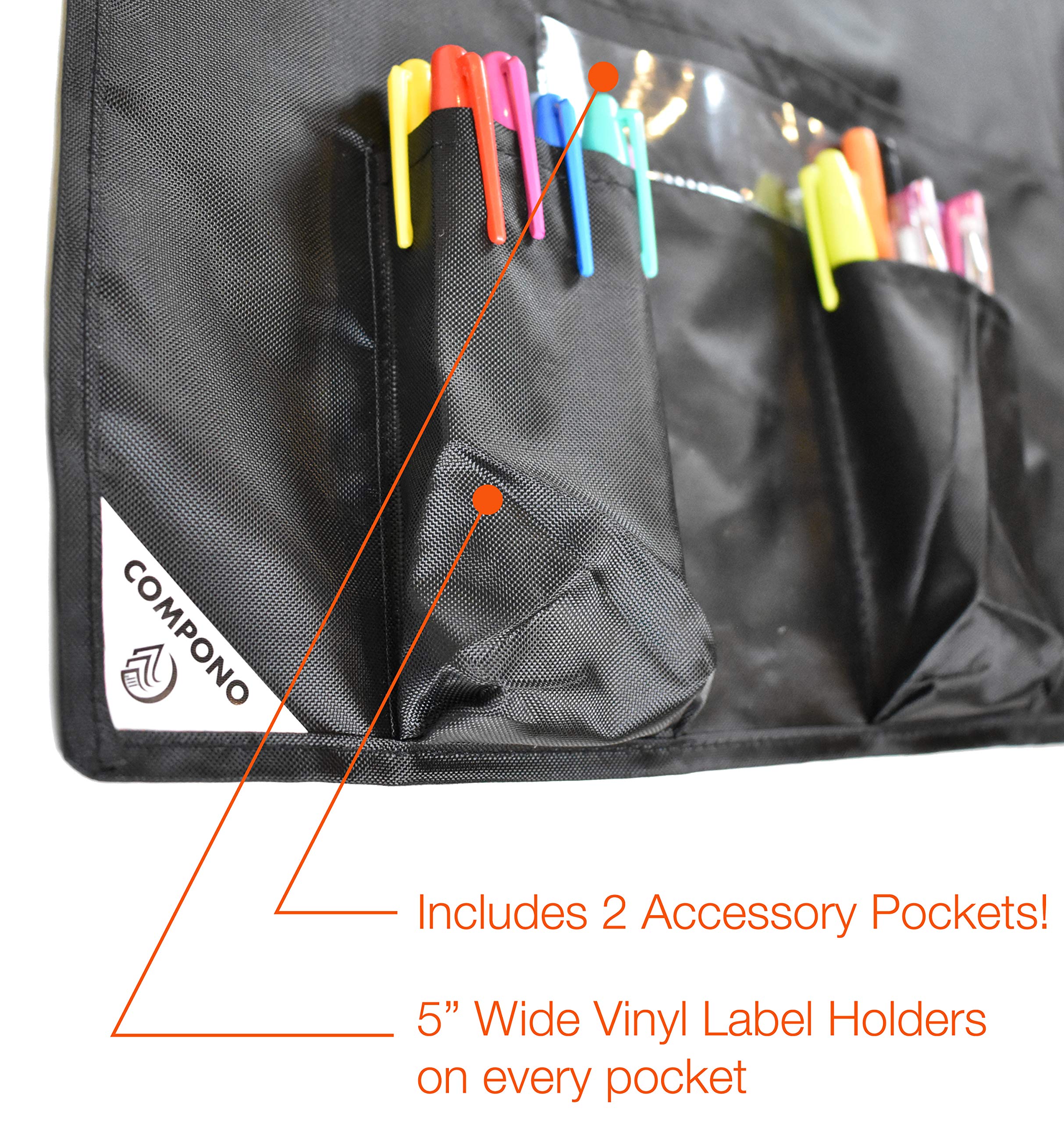 COMPONO Wall Storage Pocket Charts for Classroom (10 Pocket - 2 Pack, Black w/ window) File Organizers - Best Hanging File Pocket Chart for School, Classroom, Home or Office Use. Wall Pocket Chart