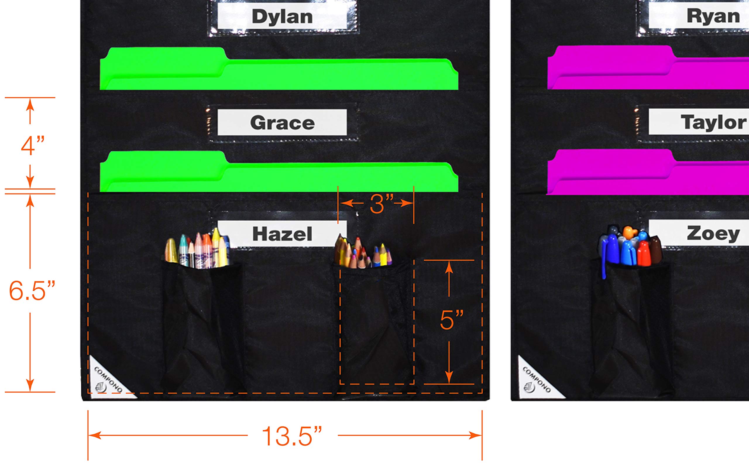 COMPONO Wall Storage Pocket Charts for Classroom (10 Pocket - 2 Pack, Black w/ window) File Organizers - Best Hanging File Pocket Chart for School, Classroom, Home or Office Use. Wall Pocket Chart
