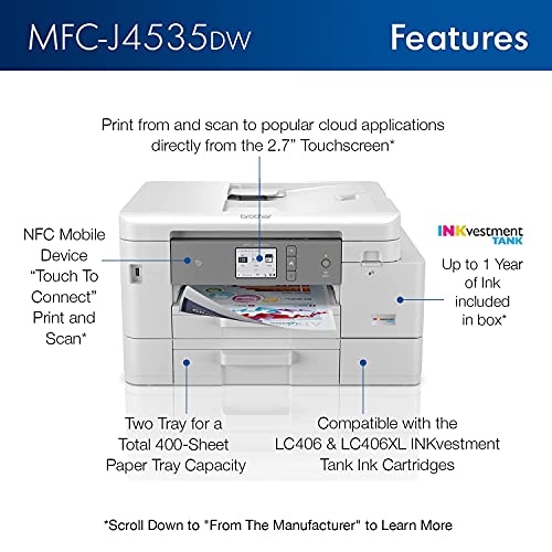 Brother MFC-J4535DW INKvestment Tank All-in-One Color Inkjet Printer with NFC, Duplex and Wireless Printing Plus Up to 1-Year of Ink in-Box (Renewed)