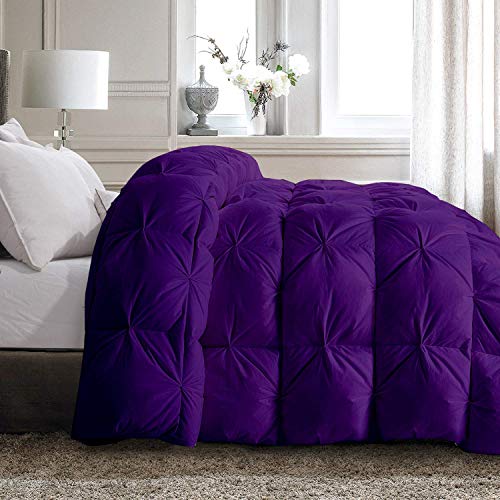 All-Season 500 GSM Egg Plant Goose Down 5 Pieces Quiled Pinch Pleated Comforter Set ( Comforter + 4 Pillow Cases ) 1000 Series Egyptian Cotton Duvet Insert Oversized Queen