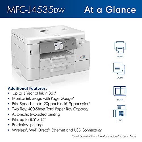Brother MFC-J4535DW INKvestment Tank All-in-One Color Inkjet Printer with NFC, Duplex and Wireless Printing Plus Up to 1-Year of Ink in-Box (Renewed)