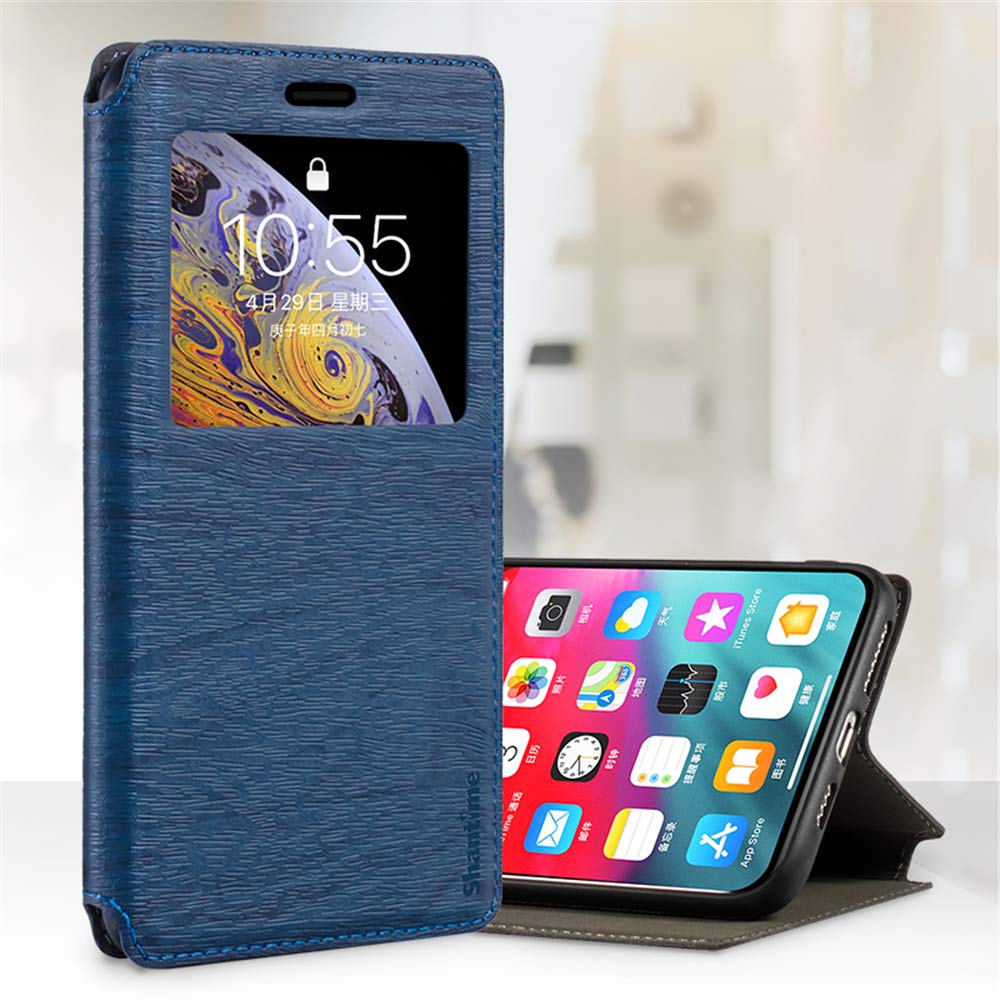 Shantime for Lenovo ThinkPhone 5G Case, Wood Grain Leather Case with Card Holder and Window, Magnetic Flip Cover for Lenovo ThinkPhone 5G (6.6β) Blue
