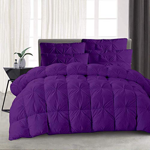 All-Season 500 GSM Egg Plant Goose Down 5 Pieces Quiled Pinch Pleated Comforter Set ( Comforter + 4 Pillow Cases ) 1000 Series Egyptian Cotton Duvet Insert Oversized Queen