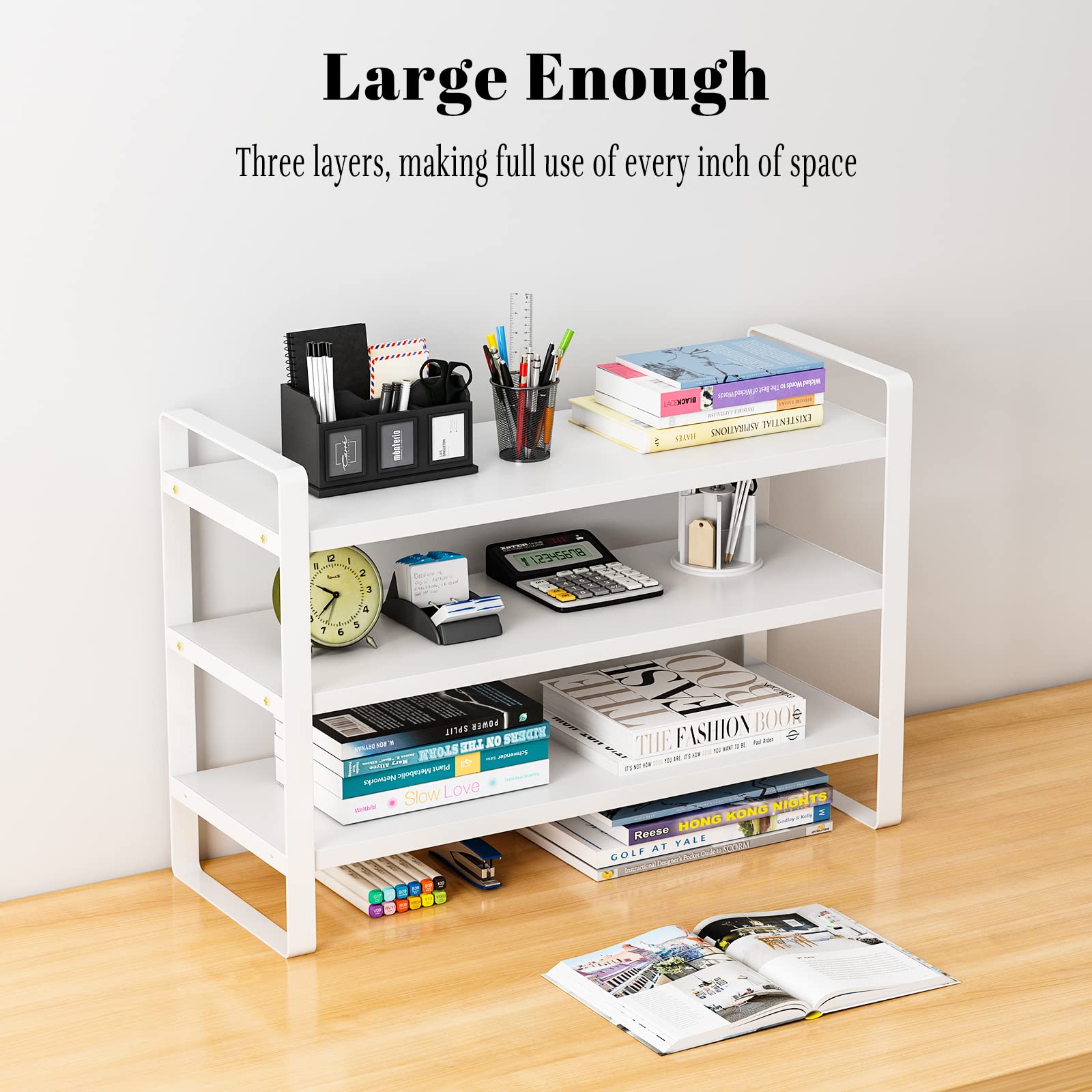hodiczk Upgraded Small Desk Shelf Organizer with Tiers, Cute Desktop Organizer Shelf Storage, Kawai Desktop Bookshelf Hutch for Dorm, Home, School, Office (White Rack White Frame, 3 Layer)